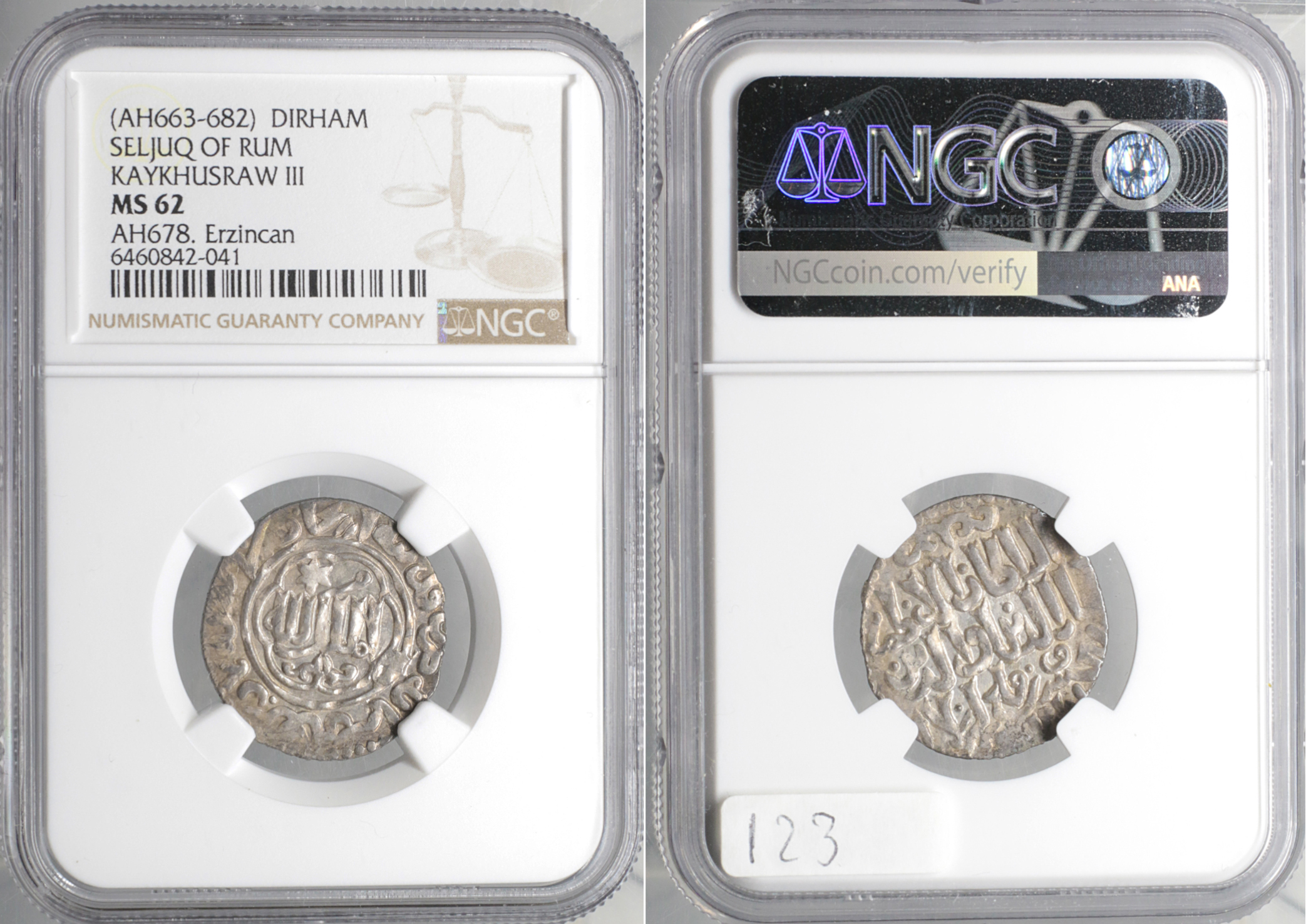 NGC MS62 SELJUQ OF RUM Kaykhusraw III 1265-1283 AR dirham AH678