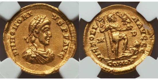 Honorius Gold solidus Milan AD 394-395 Rare early NGC XF 5/5 - 4/5.