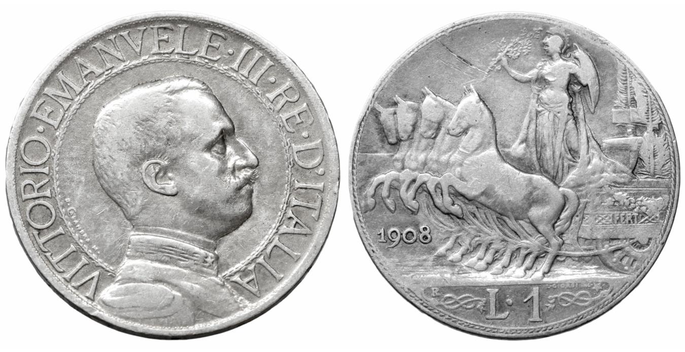 Kingdom of Italy Victor Emmanuel III 1 Lira 1908 VFXF | European Coins
