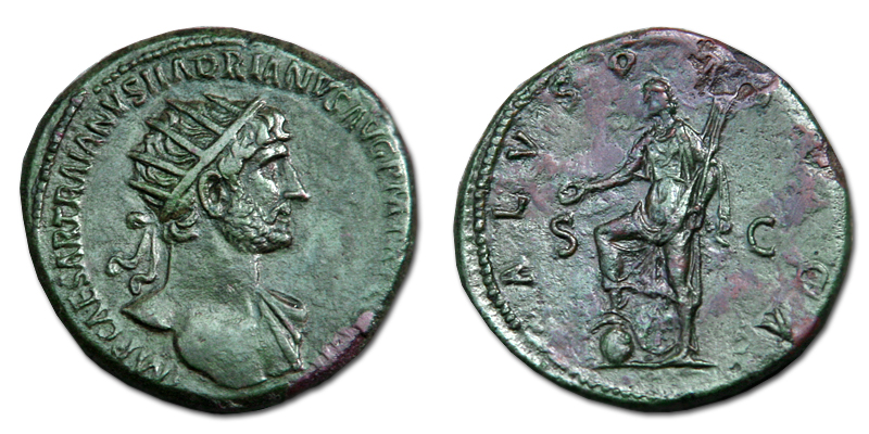 Hadrian Æ Dupondius - Salus standing with foot on globe. RIC 604a
