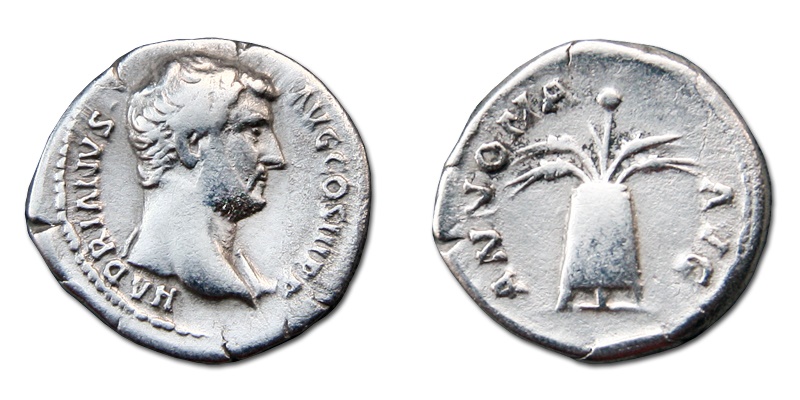 Hadrian AR Denarius - ANNONA AVG, Modius Containing Grain Ears and Poppy