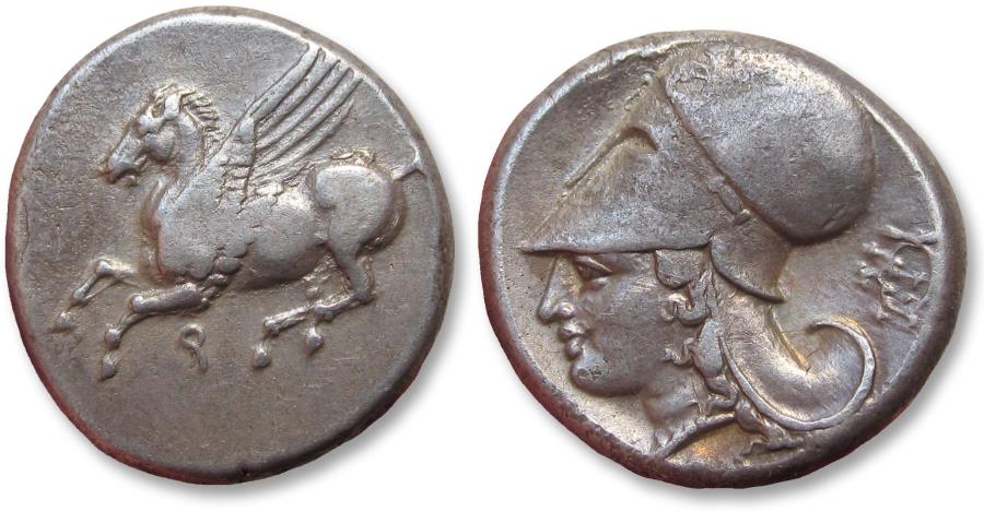 Corinthia, Corinth. AR stater, 375-300 B.C. - wreath symbol behind Athena