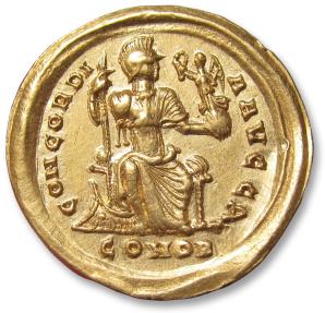 AV gold solidus Honorius, Constantinople mint 1st officina (A) circa ...