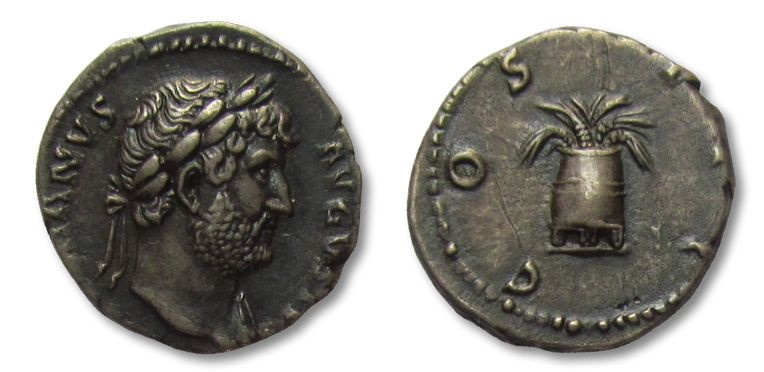 AR denarius Hadrian / Hadrianus, Rome 125-128 A.D. -- modius with grain