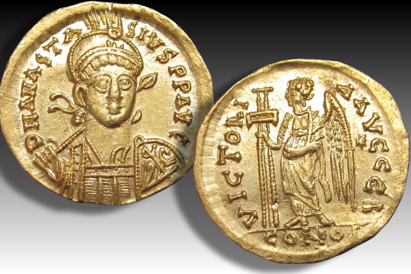 AV gold solidus Anastasius I, Constantinople 2nd officina (B) circa 491 ...