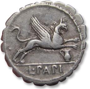 AR denarius L. Papius, Rome mint 79 B.C. - cup & jug symbol combination