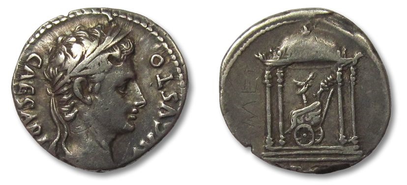 HS: AR denarius Augustus, Chariot in temple, Spanish mint (Tarraco ...