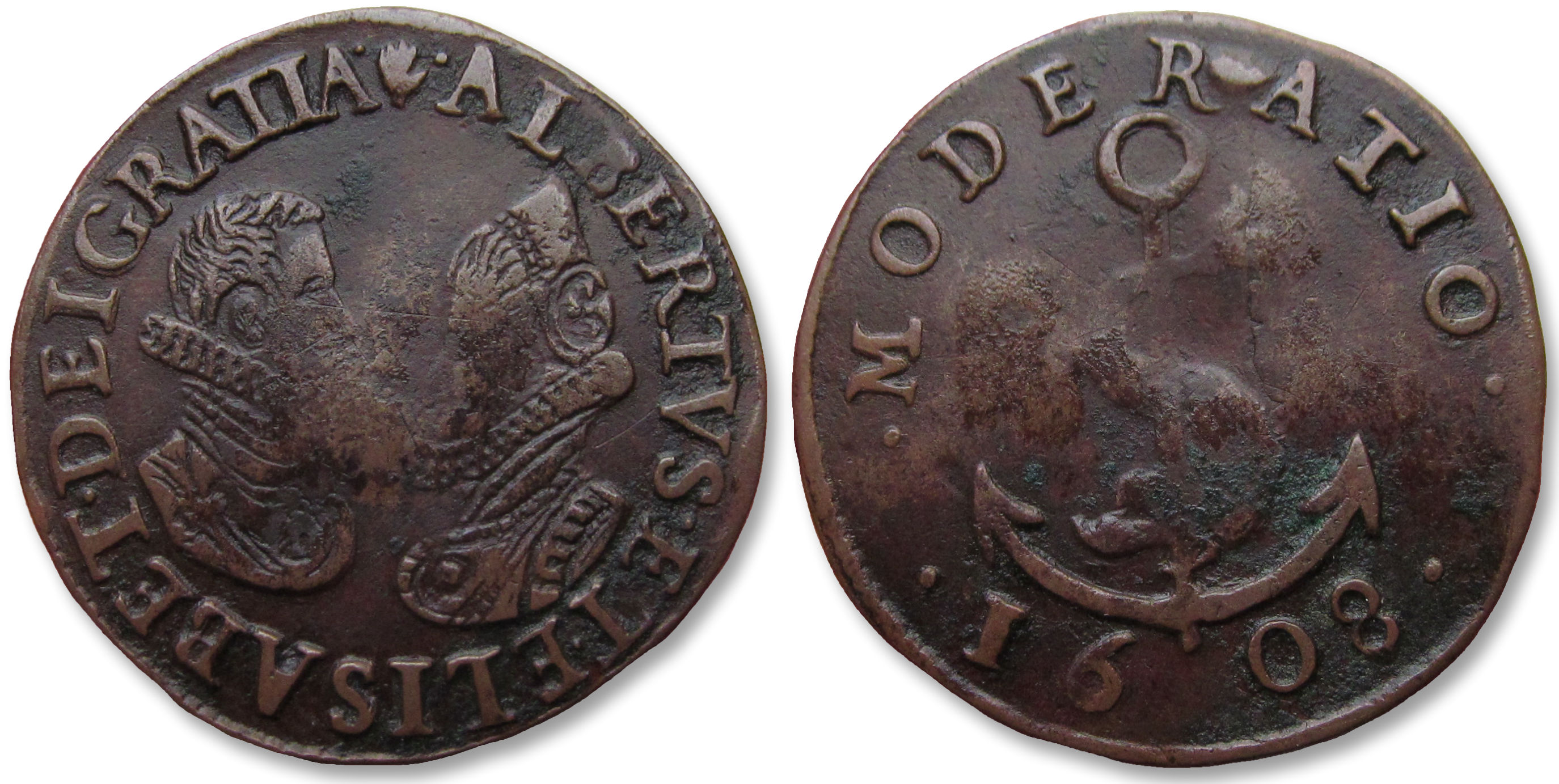 Spanish Netherlands AE jeton Antwerp 1608: favorable prospects for Spain