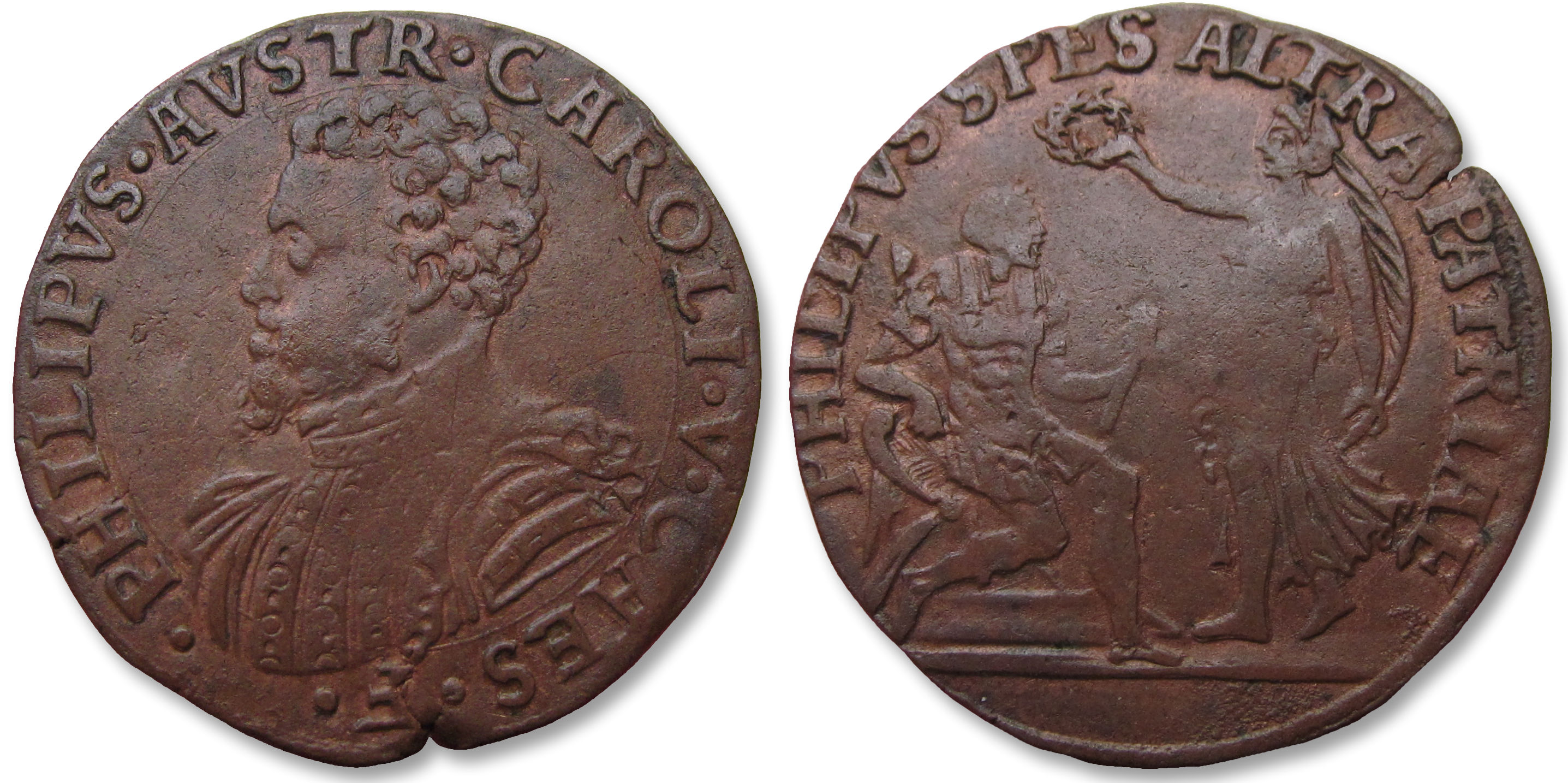 Spanish Netherlands AE jeton 1555: Philip II as succesor of Charles V