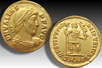AV gold solidus Valens, Nicomedia mint circa 364 A.D. - mintmark SMNЄ
