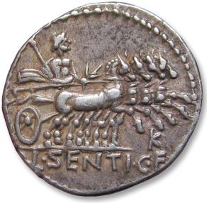 AR denarius L. Sentius C.f., Rome mint 101 B.C. - control letter K on ...