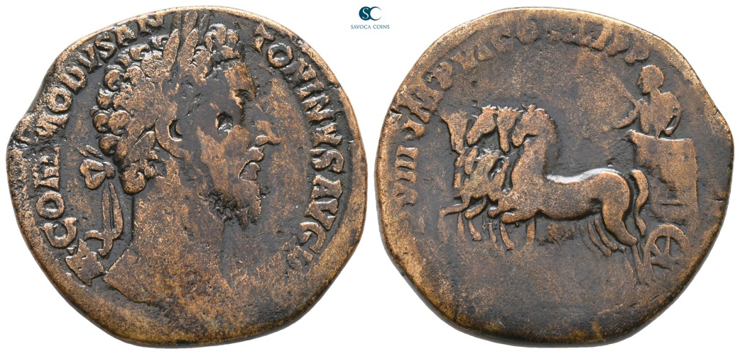 Commodus. AD 177-192. Æ Sestertius - Emperor in triumphal quadriga