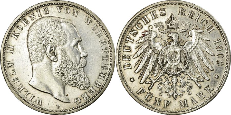 Coin, German States, WURTTEMBERG, Wilhelm II, 5 Mark, 1908, Freudenstadt