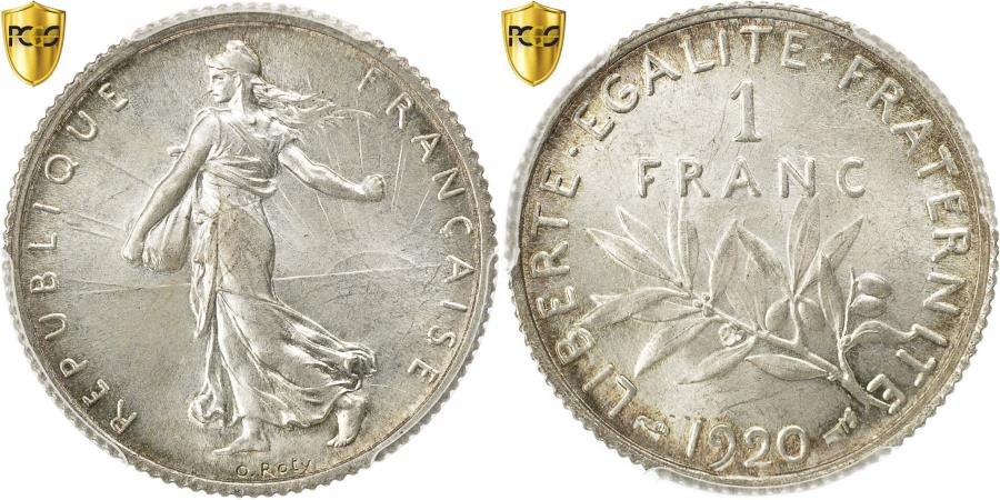 Coin, France, Semeuse, Franc, 1920, Paris, PCGS, MS65, Silver, KM:844.1, graded