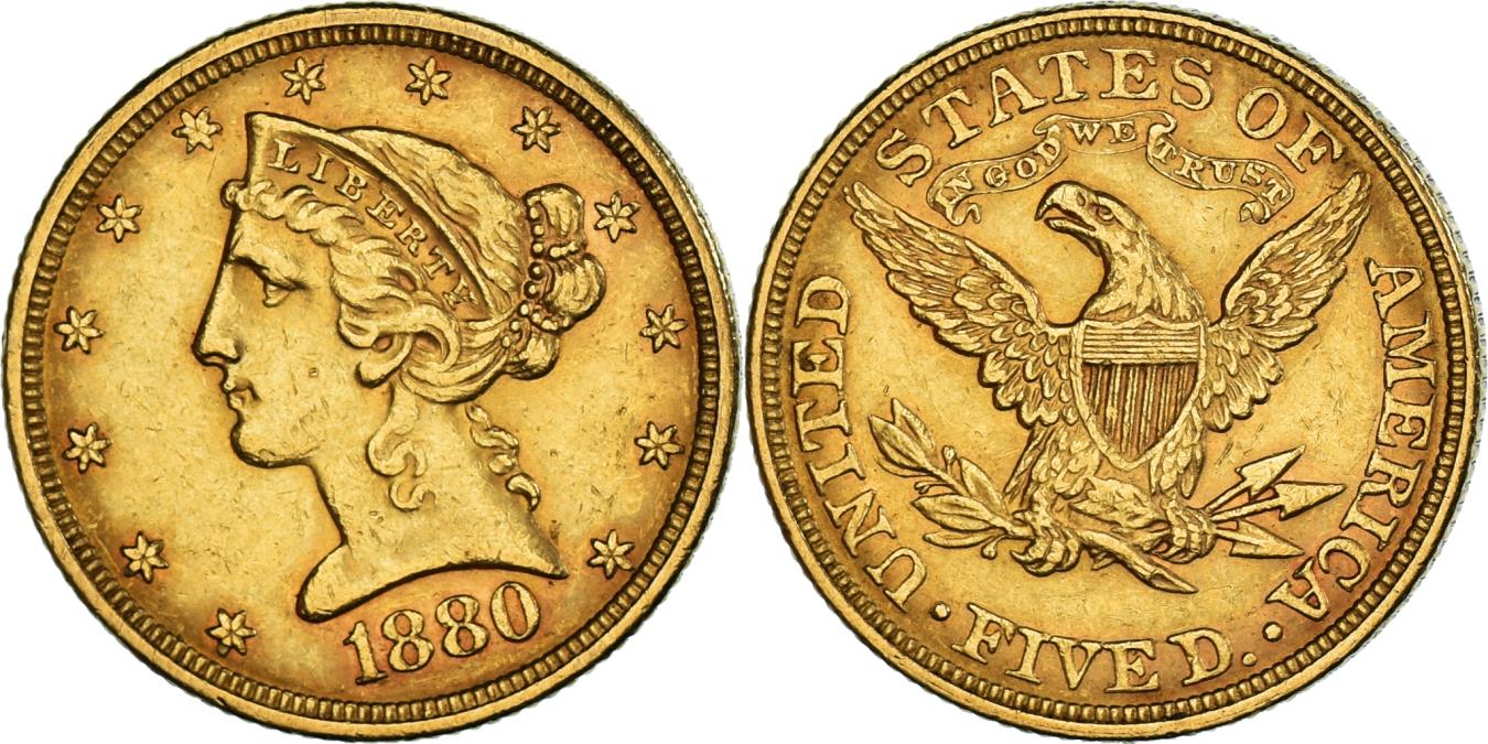 Coin, United States, Coronet Head, $5, Half Eagle, 1880, Philadelphia