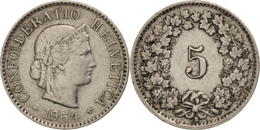 Switzerland, 5 Rappen, 1954, Bern, , Copper-nickel, KM:26 | European Coins