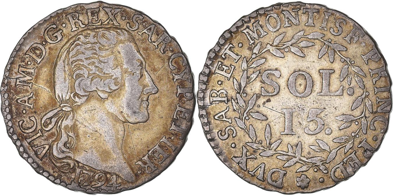 Coin, ITALIAN STATES, SARDINIA, Vittorio Amedeo III, 15 Soldi, 1794,