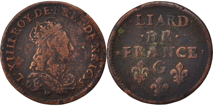 FRANCE, Liard de France au buste juvénile, deuxième type, Liard, 1655 ...