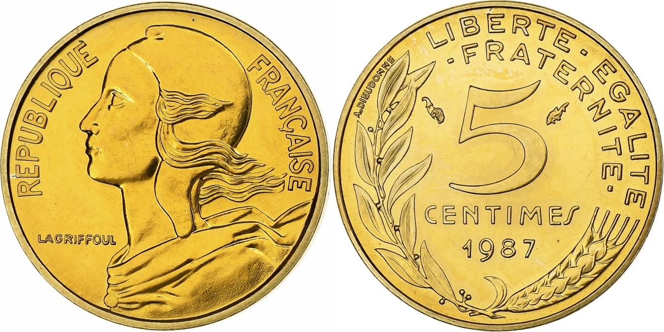 France, 5 Centimes, Marianne, 1987, Paris, FDC, Aluminum-Bronze,
