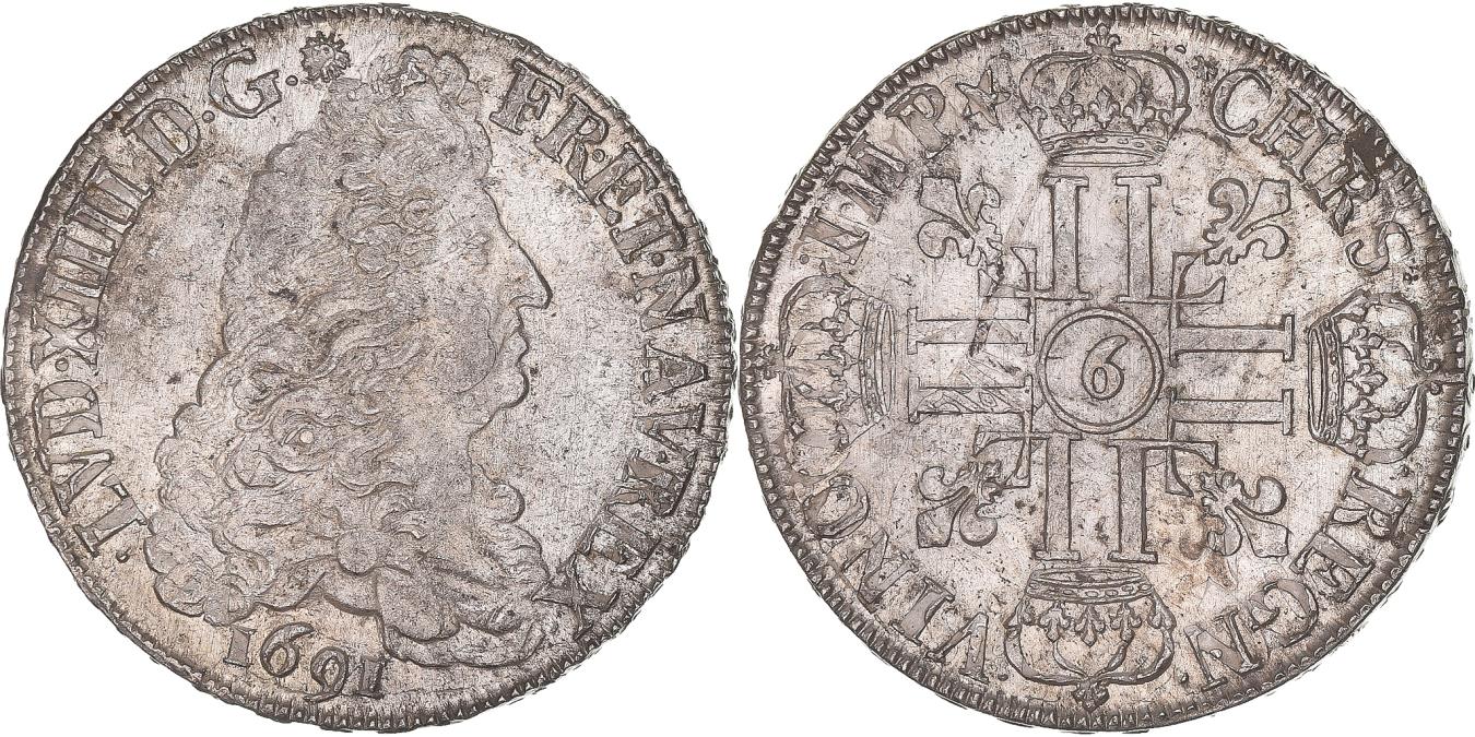 Coin, France, Louis XIV, Écu aux 8 L, Ecu, 1691, Rennes, réformé,