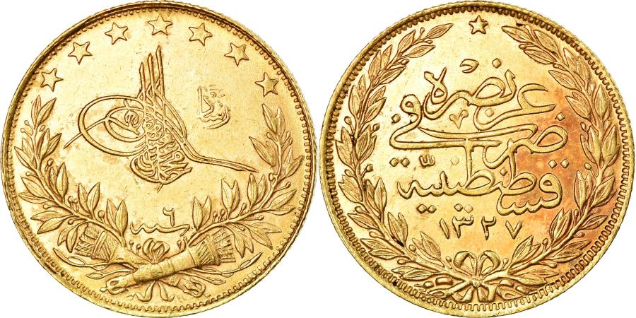 Coin, Turkey, Muhammad V, 100 Kurush, 1914, Qustantiniyah, , Gold