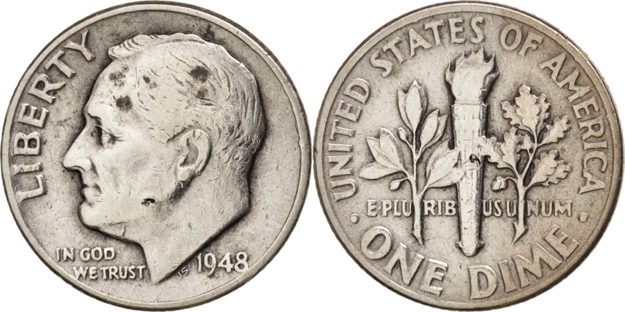 United States, Roosevelt Dime, Dime, 1948, U.S. Mint, Philadelphia,