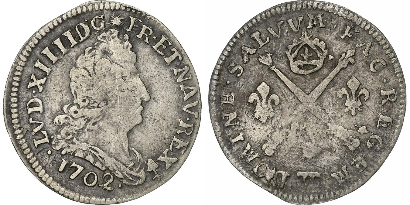 France, Louis XIV, 5 sols de Béarn aux insignes, 1702, Besançon, Billon