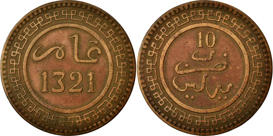 Coin, Morocco, 'Abd al-Aziz, 10 Mazunas, 1903/AH1321, Berlin, , Bronze