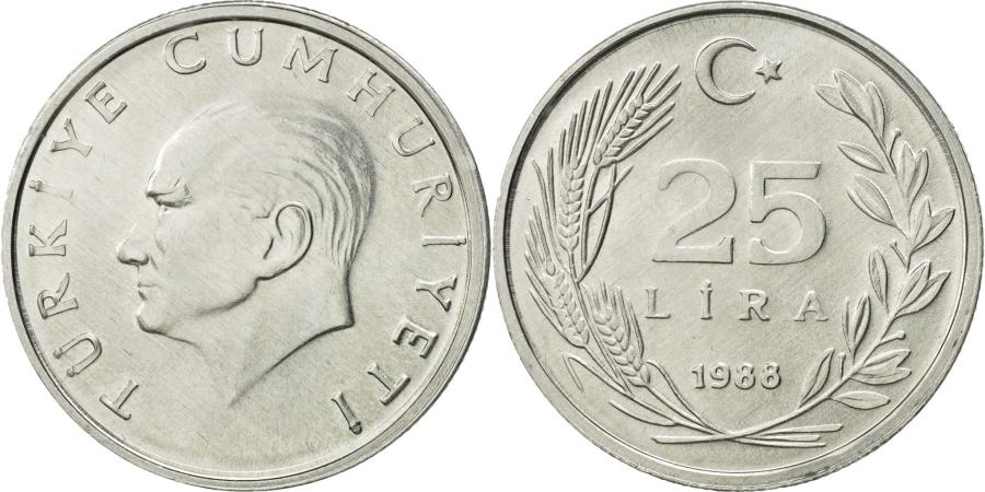 Turkey, 25 Lira, 1988, , Aluminum, KM:975 | Asian and Middle Eastern Coins