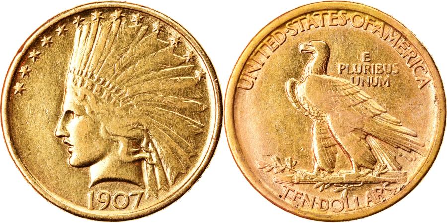 Coin, United States, Indian Head, $10, Eagle, 1907, U.S. Mint, Philadelphia Coin, United States, Indian Head, $10, Eagle, 1907, U.S. Mint, Philadelphia