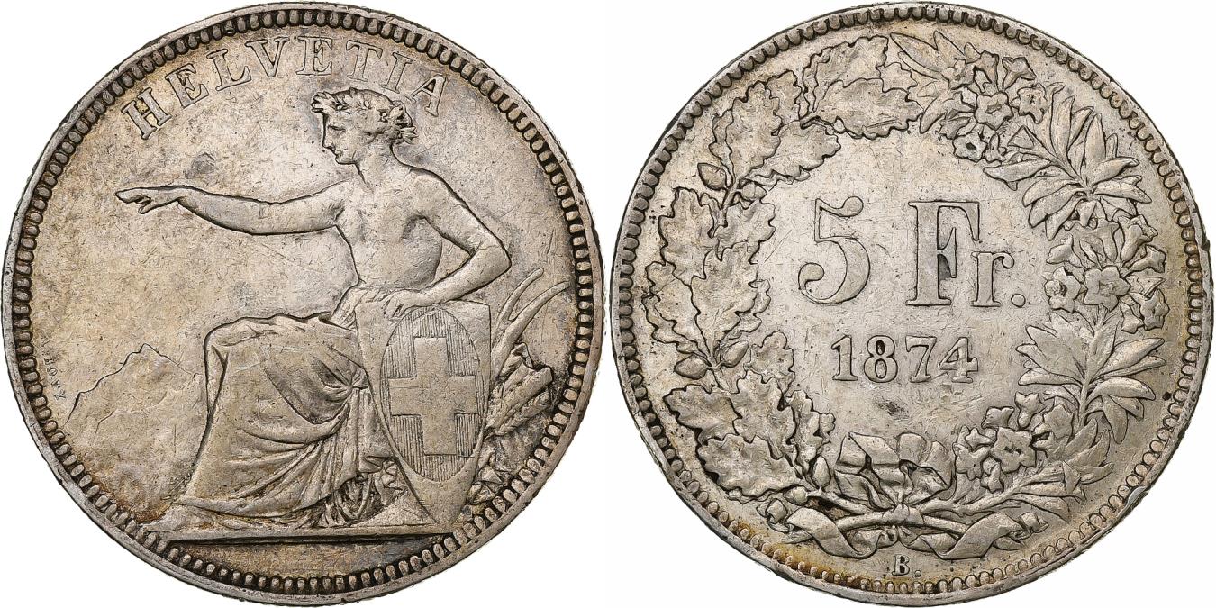 Switzerland, 5 Francs, Helvetia, 1874, Bern, Silver, , KM:11 | European ...