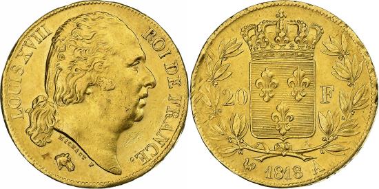 France, Louis XVIII, 20 Francs, 1818, Paris, Gold, , Gadoury:1028, Le