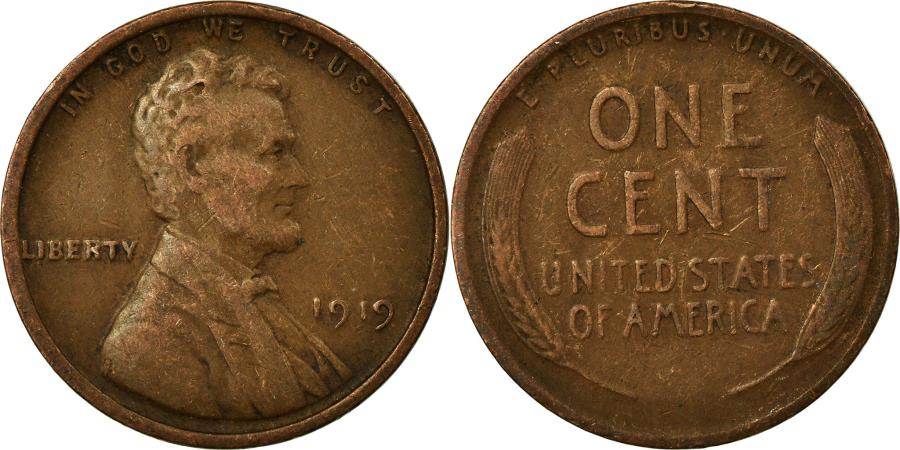 Coin, United States, Lincoln Cent, Cent, 1919, U.S. Mint, Philadelphia