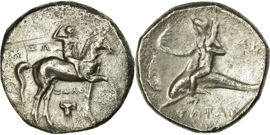Coin, Calabria, Taranto, Taras, son of Poseidon, Didrachm, Tarentum,