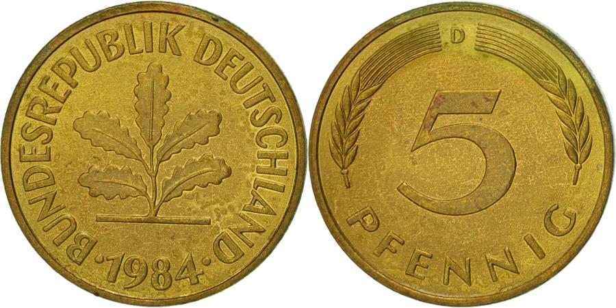 GERMANY - FEDERAL REPUBLIC, 5 Pfennig, 1984, Munich, , Brass Clad