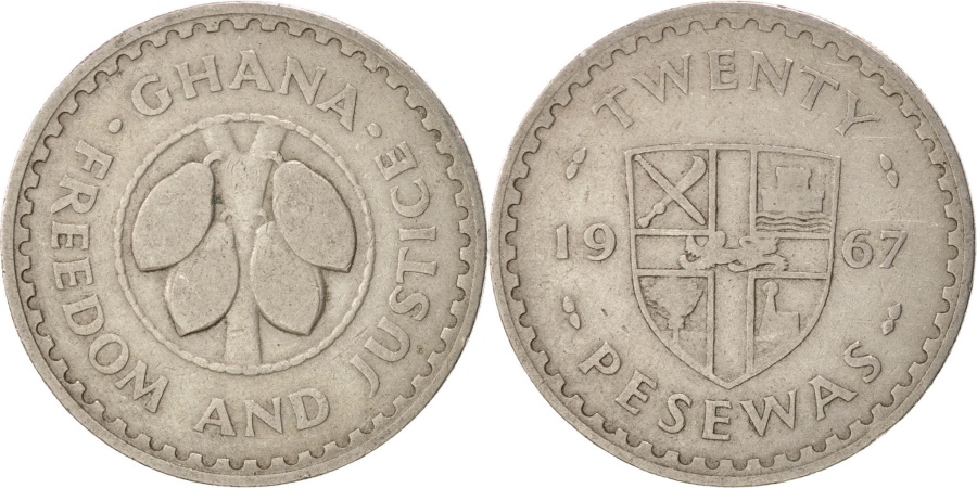 GHANA, 20 Pesewas, 1967, KM #17, , Copper-Nickel, 28.5, 11.27