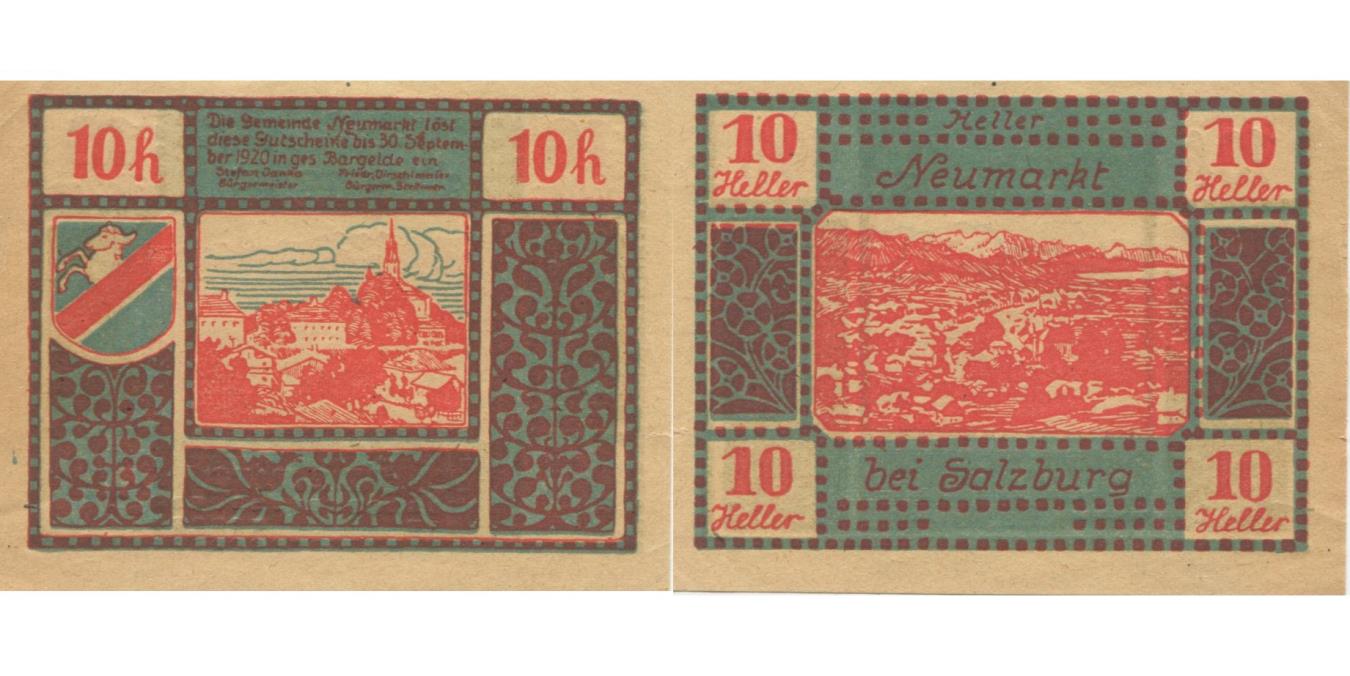 Banknote, Austria, Salzburg, 10 Heller, village, 1920 UNC(63) Mehl:FS 660a