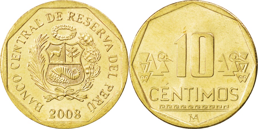 PERU, 10 Centimos, 2008, Lima, KM #305.4, , Brass, 20.5, 3.52