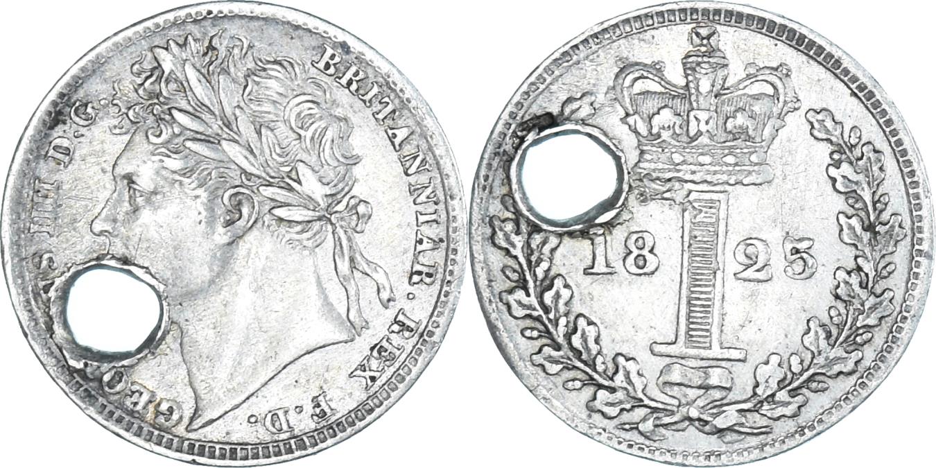 Coin, Great Britain, George IV, Penny, 1825, Holed, , Silver, KM:683