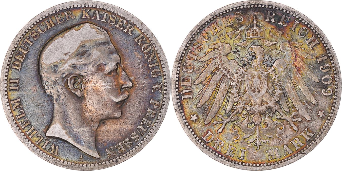Coin, German States, PRUSSIA, Wilhelm II, 3 Mark, 1909, Berlin,