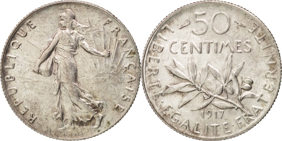 France, Semeuse, 50 Centimes, 1917, Paris, , Silver, KM:854 | European Coins