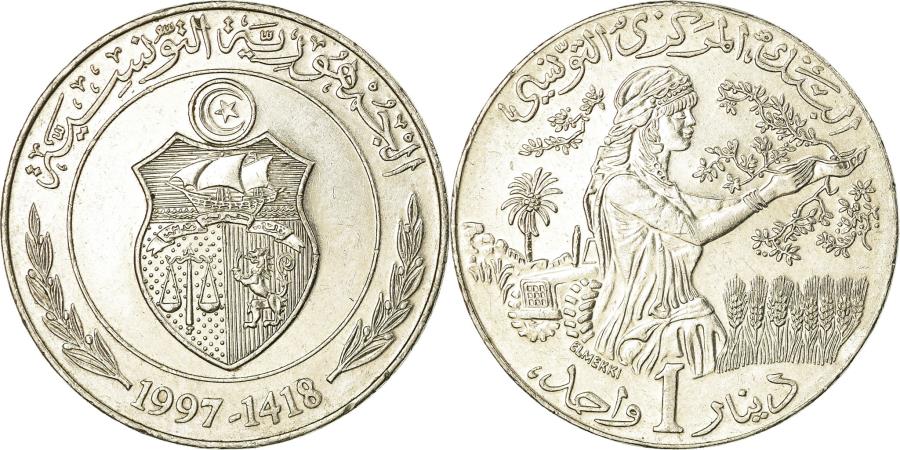 Coin, Tunisia, Dinar, 1997/AH1418, , Copper-nickel, KM:347 | African Coins