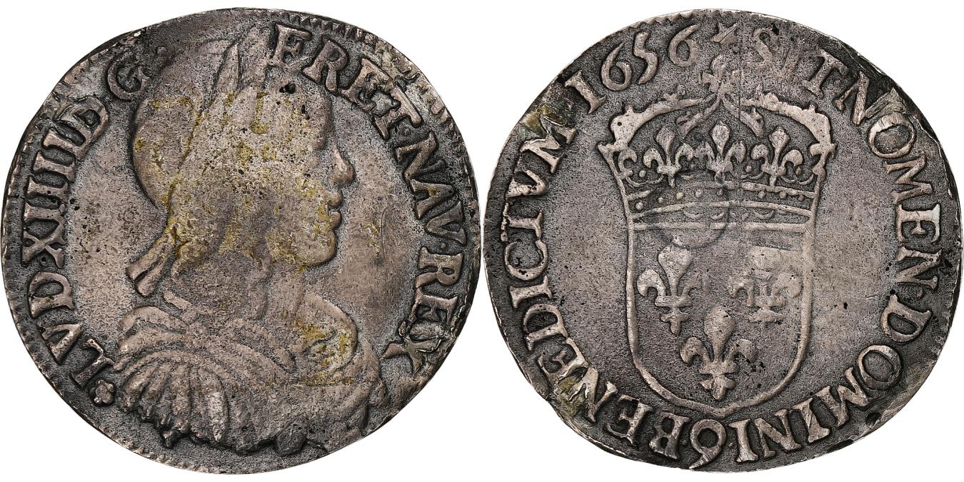 France, Louis XIV, 1/2 Écu à la mèche longue, 1656, Rennes, Silver