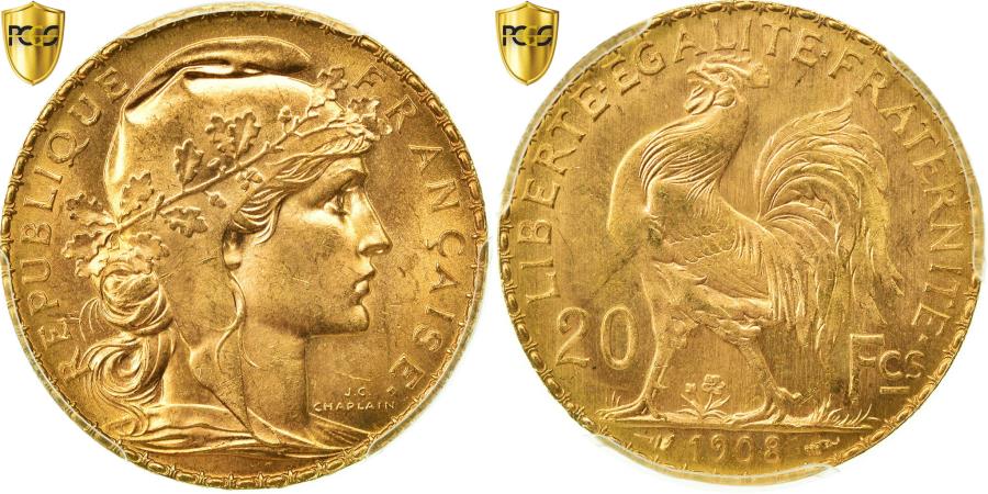 Coin, France, Marianne, 20 Francs, 1908, PCGS, MS66, Gold, KM:857, graded
