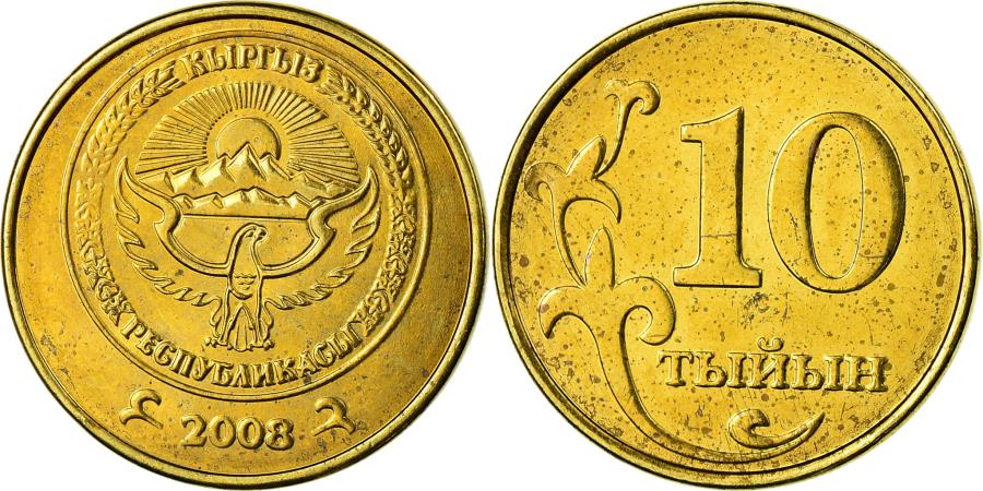 Coin, KYRGYZSTAN, 10 Tiyin, 2008, Paris, , Brass plated steel, KM:12