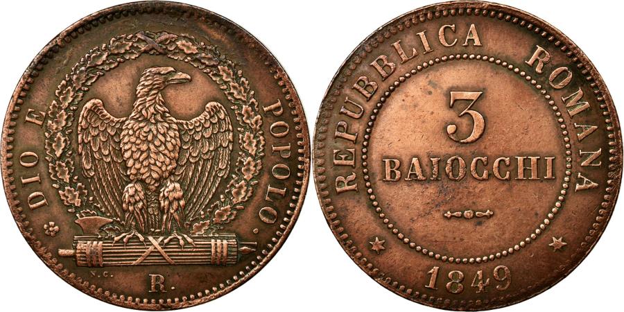 Coin, ITALIAN STATES, ROMAN REPUBLIC, 3 Baiocchi, 1849, Roma, , Copper