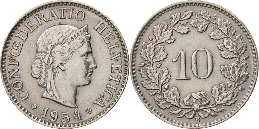 Switzerland, 10 Rappen, 1954, Bern, , Copper-nickel, KM:27 | European Coins