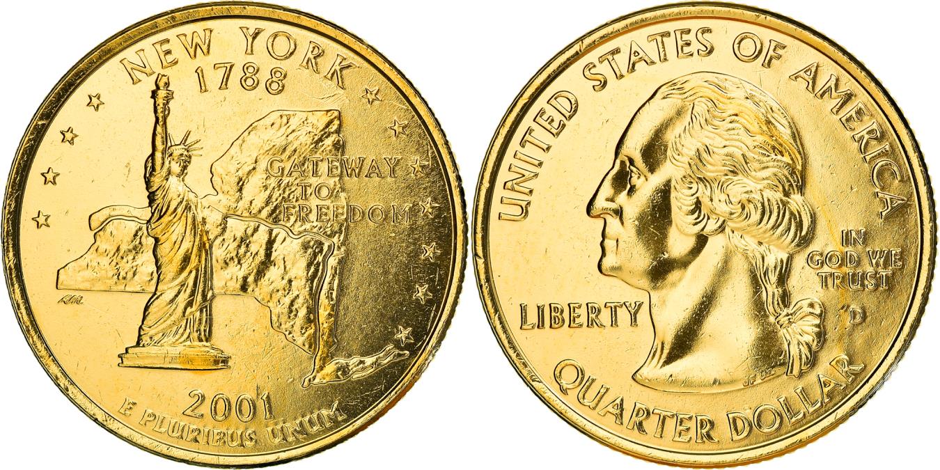 Coin, United States, New York, Quarter, 2001, U.S. Mint, Denver, golden,