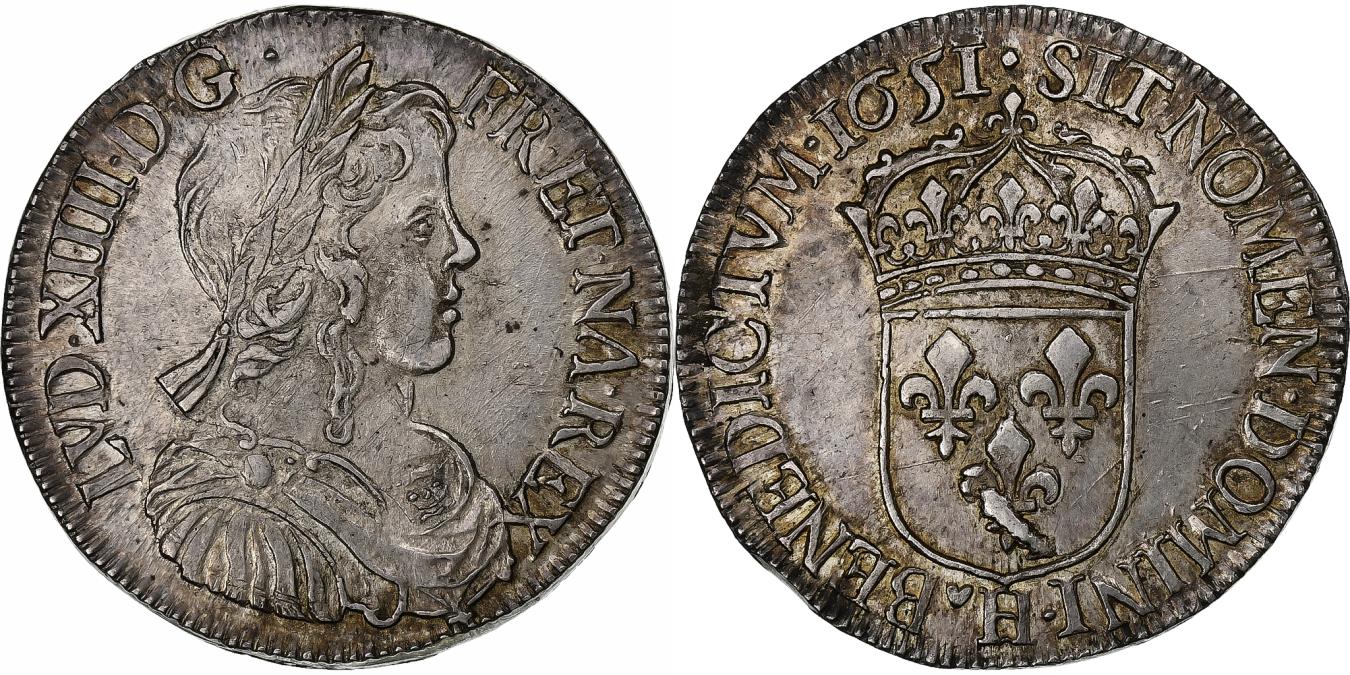 France, Louis XIV, 1/2 Ecu, 1/2 Écu à la mèche longue, 1651, La Rochelle