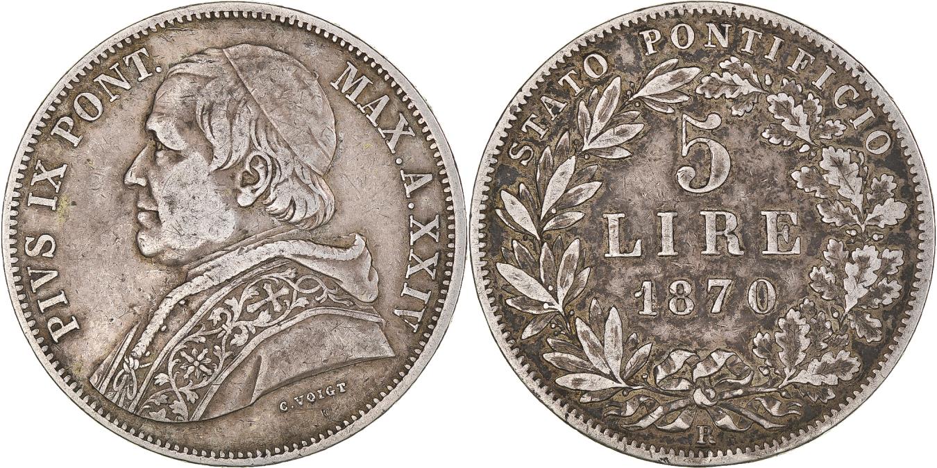Coin, ITALIAN STATES, PAPAL STATES, Pius IX, 5 Lire, 1870, Rome,